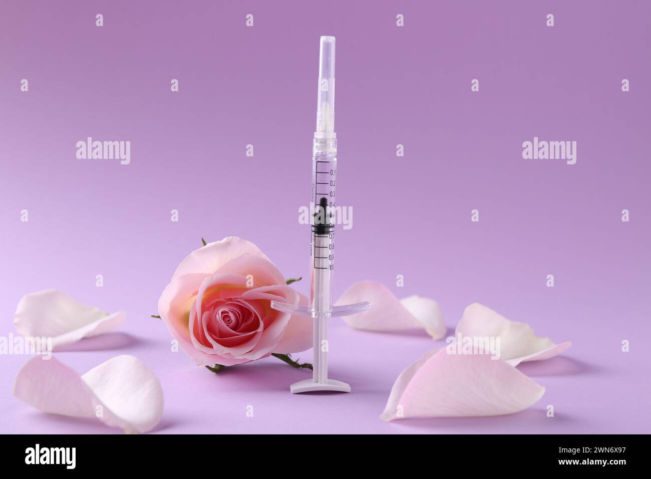 Cosmetology. Medical syringe, rose flower and petals on pink background ...