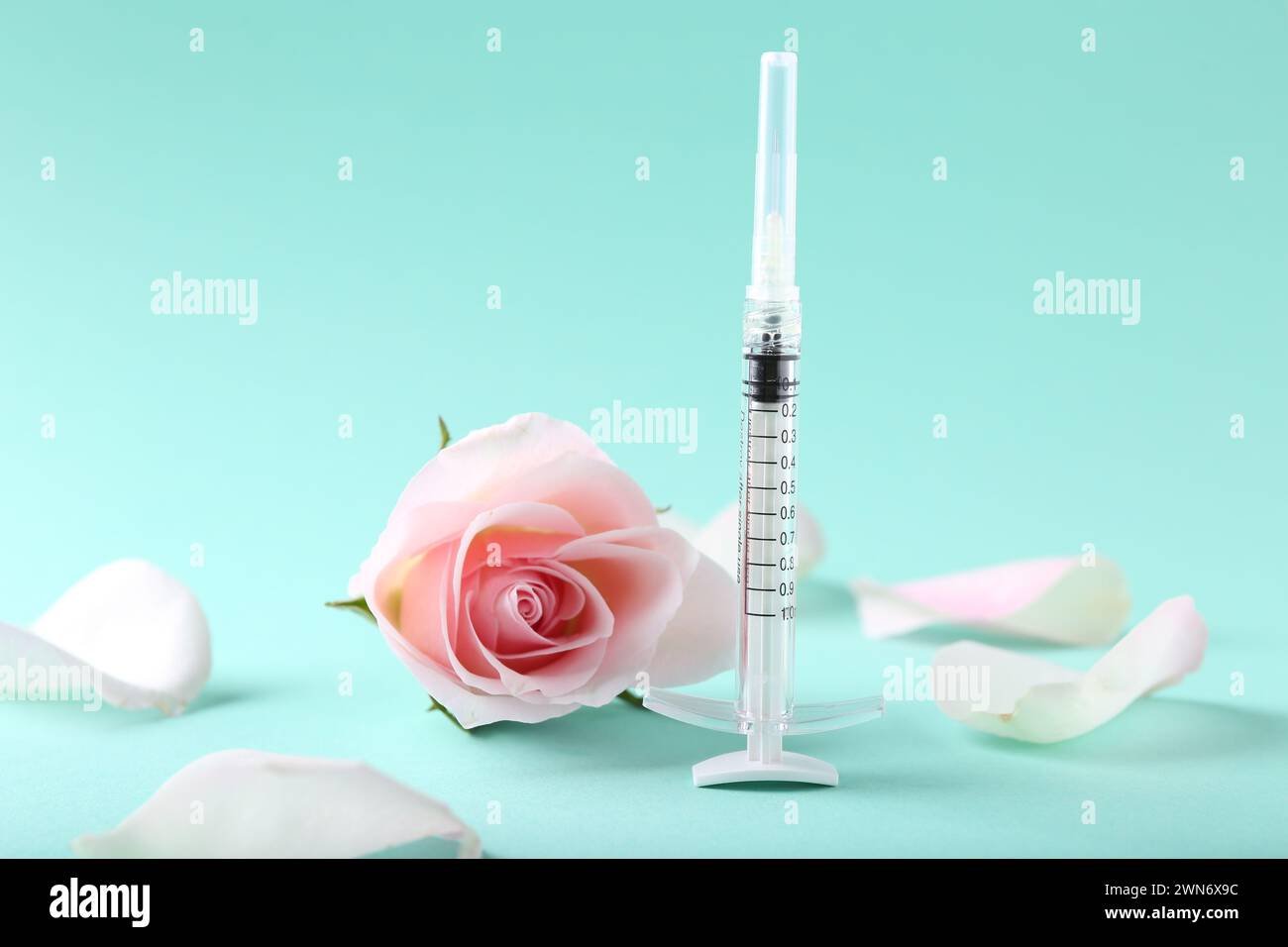 Cosmetology. Medical syringe, rose flower and petals on turquoise ...