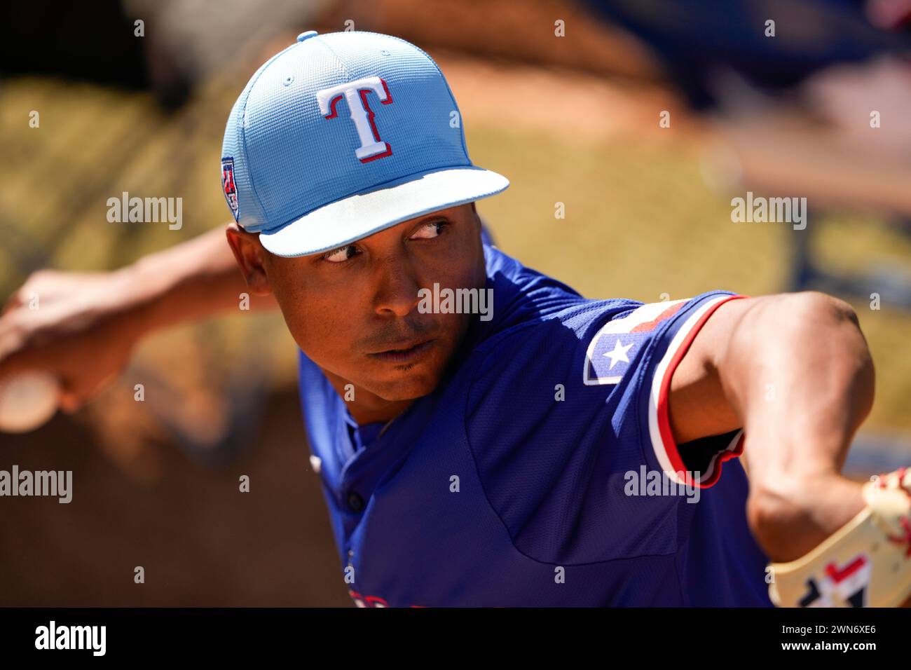 Texas Rangers relief pitcher Jose Leclerc warms up in the bullpen ...