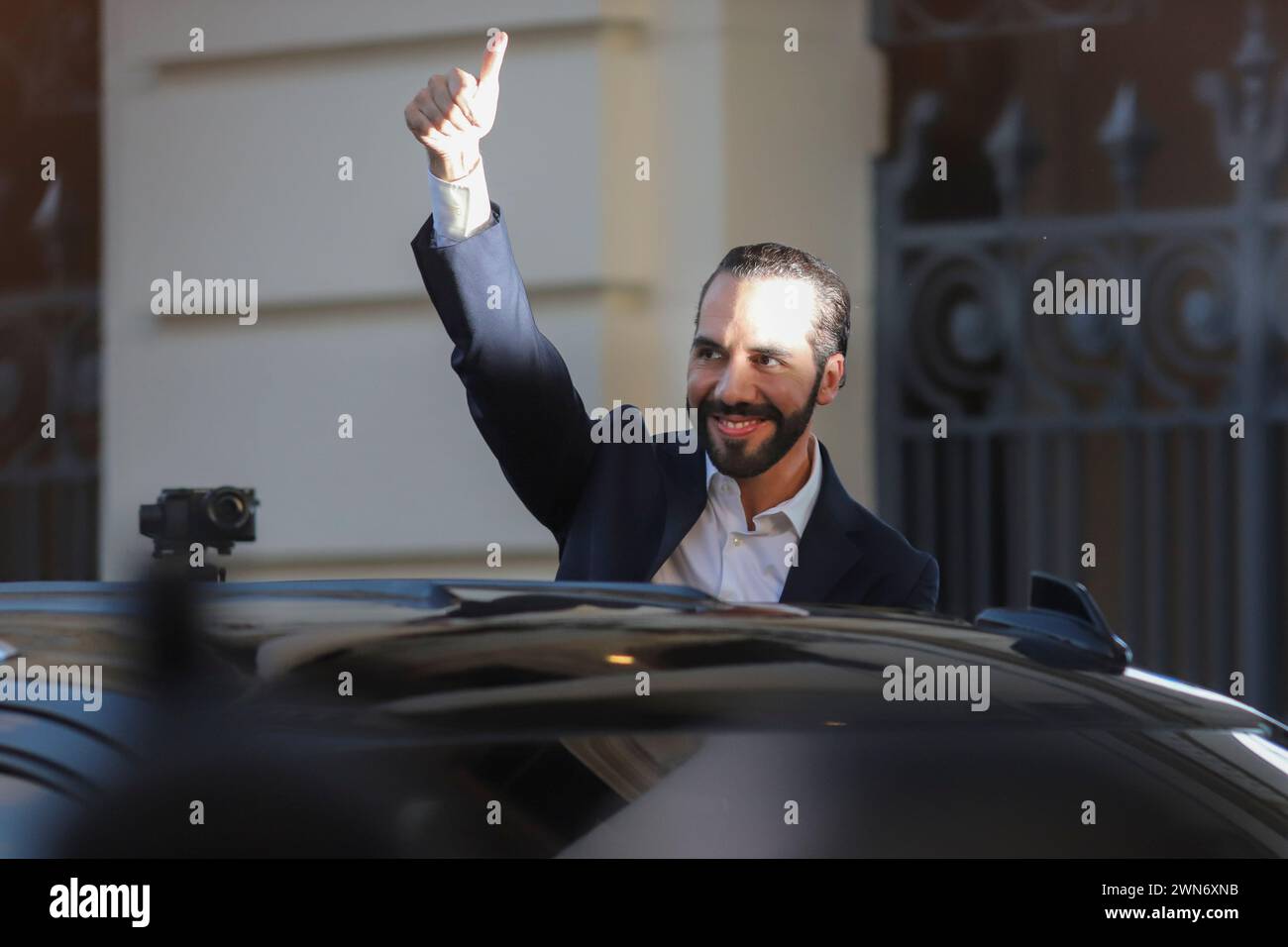 El Salvador's President Nayib Bukele gives a thumbs-up after receiving ...
