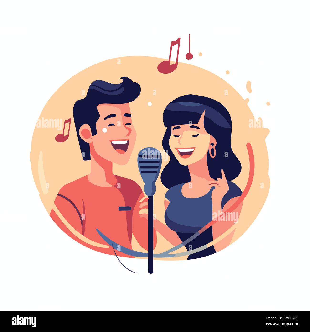 Couple Singing Together In Karaoke Cartoon Vector Illustration Stock