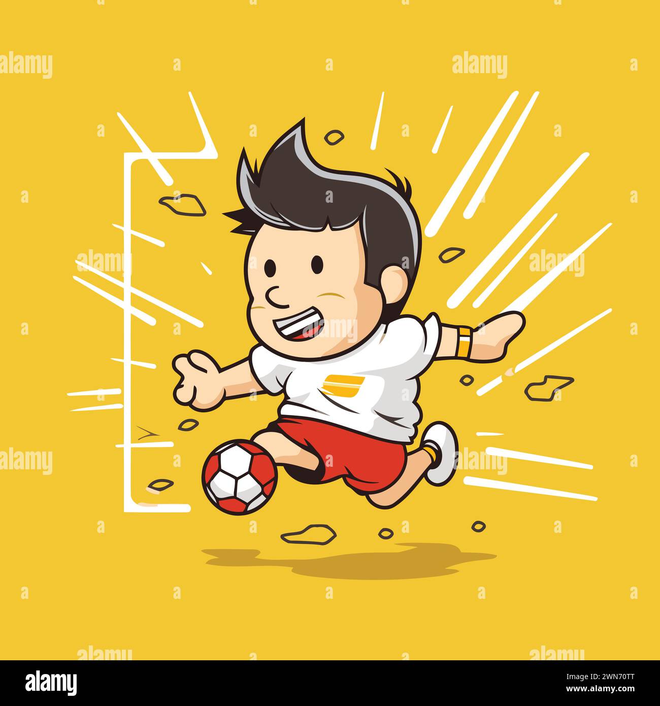Cartoon soccer player running with ball on yellow background. Vector ...