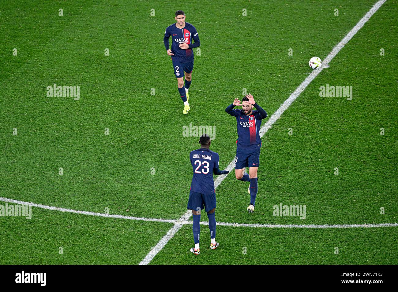 Paris, France. 25th Feb, 2024. Goncalo Ramos Randal Kolo Muani and Achraf Hakimi during the ...