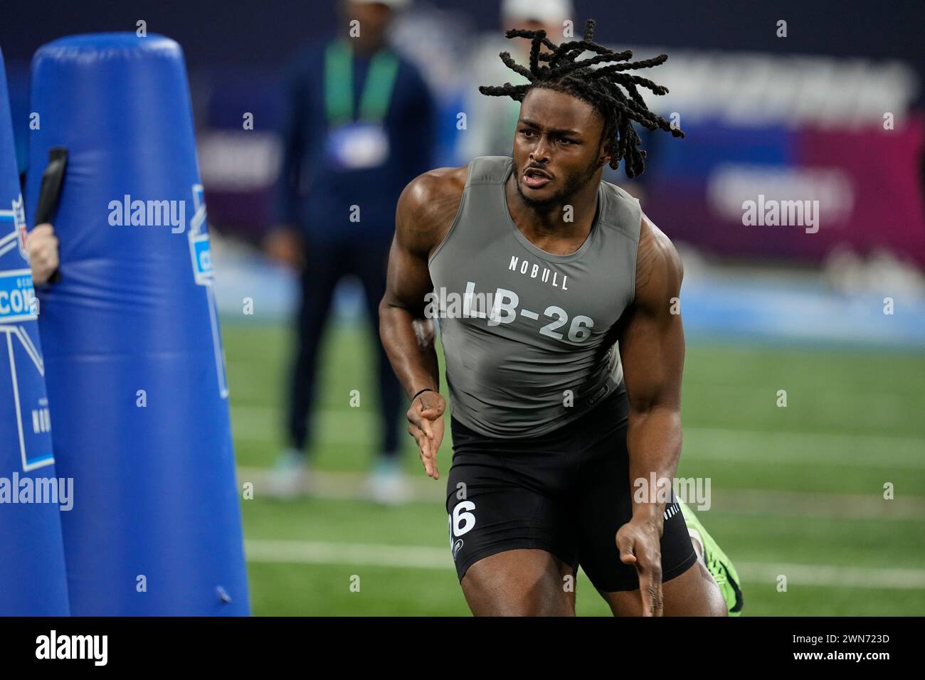 Alabama linebacker Dallas Turner runs a drill at the NFL football ...