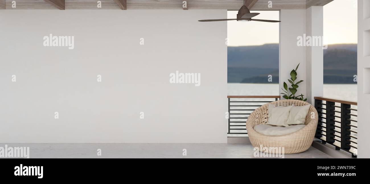 The interior design of a modern spacious outdoor lounge balcony with a ...