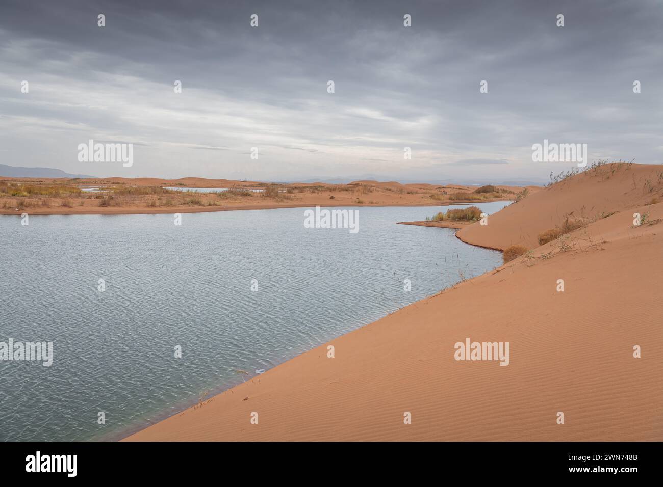 Desert vastness next to lake in Wuhai, Inner Mongolia, China. Dramatic ...