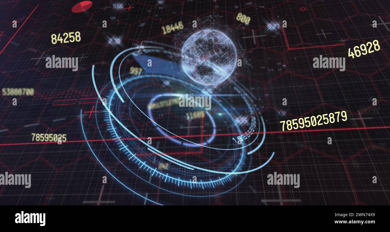 Image of scope scanning, numbers changing and globe spinning on grid in background Stock Photo ...