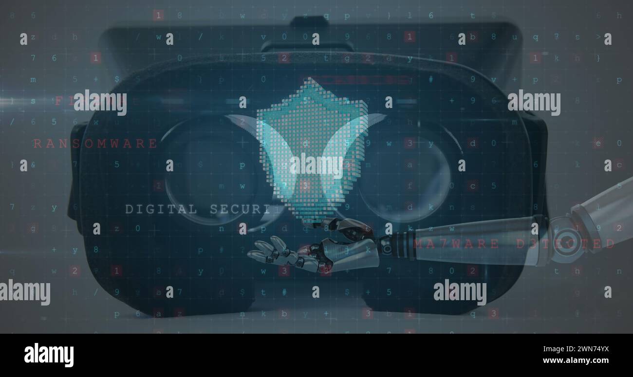 Image of online shield padlock over robot's arm and vr headset in ...