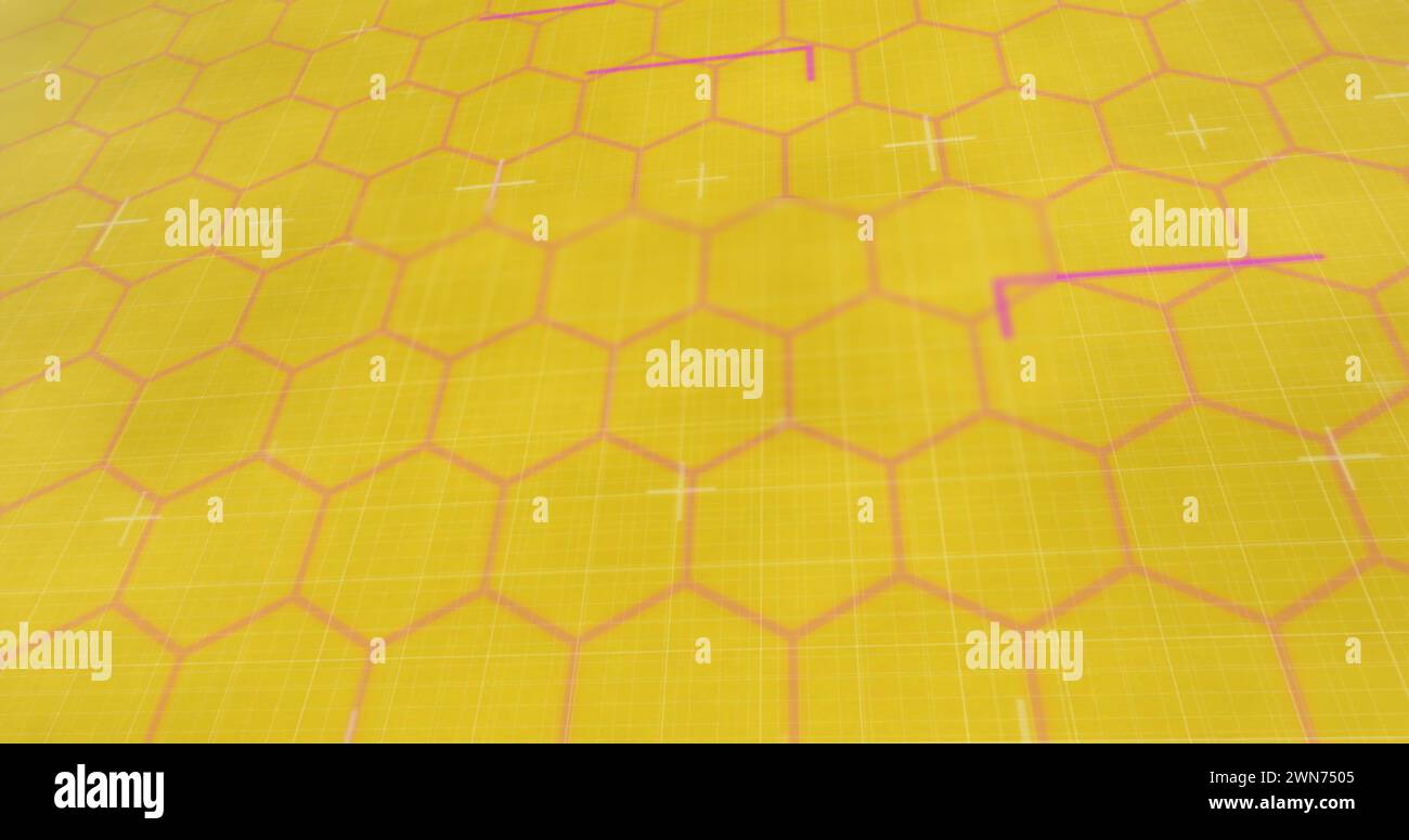 Image of red glowing lines on network of hexagons on yellow background ...