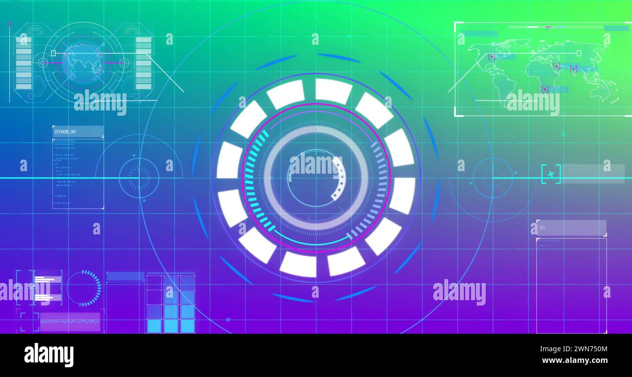 Image of scope scanning and data processing with world map over green to purple background Stock ...