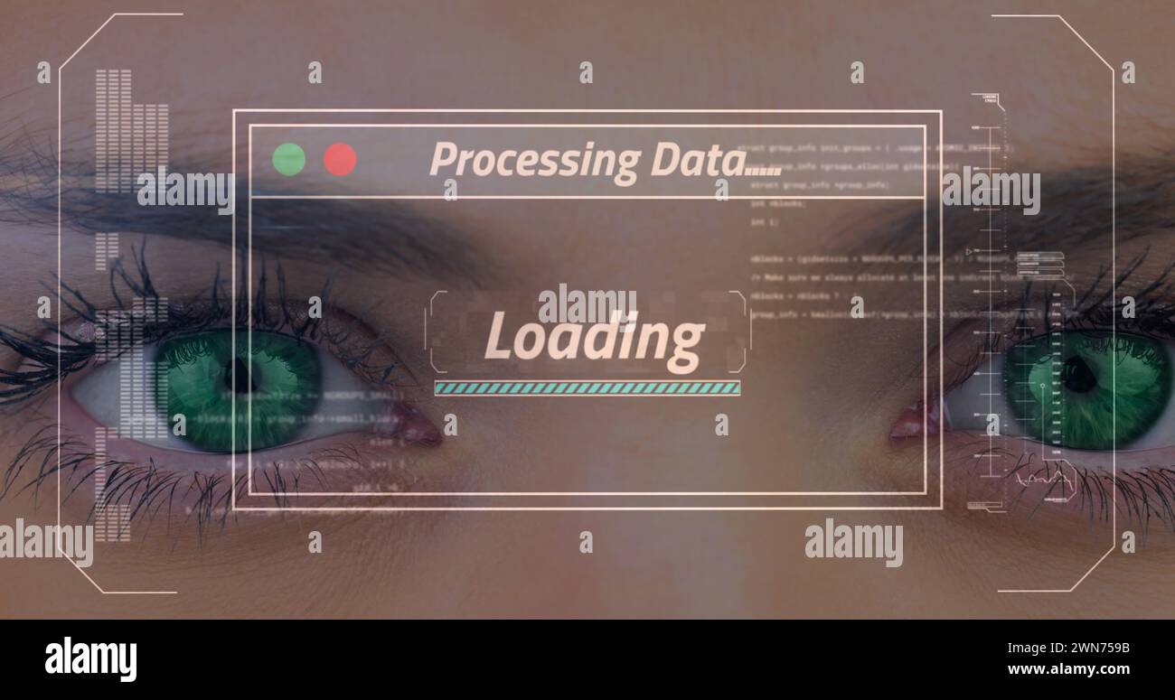 Image of data processing on screen over woman's green eyes Stock Photo ...