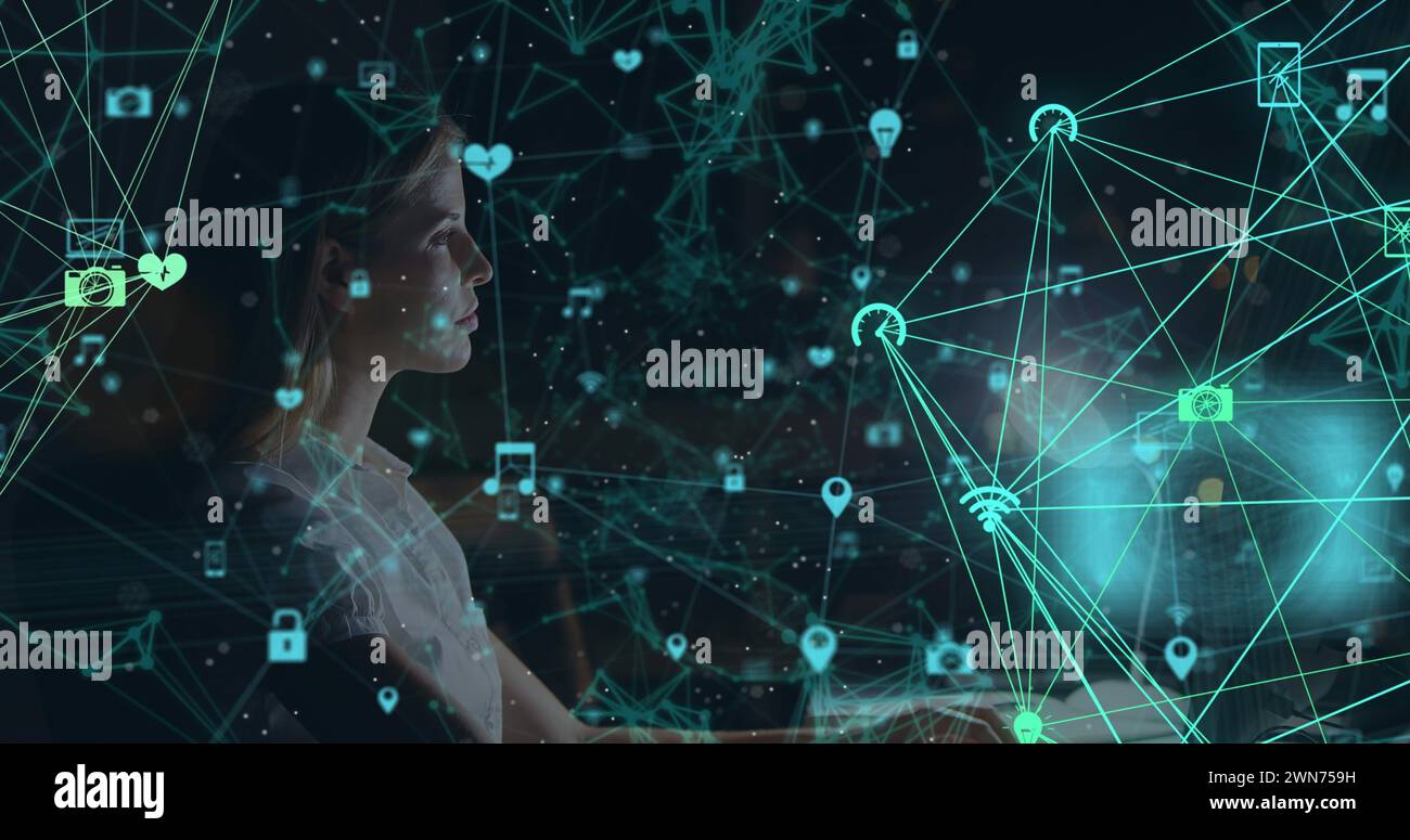 Image of network of connections over businesswoman working Stock Photo ...