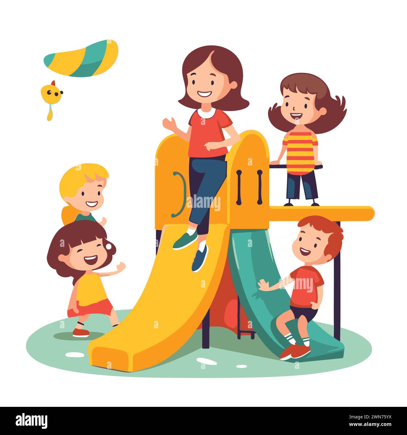 Happy kids playing on slide Stock Vector Images - Alamy
