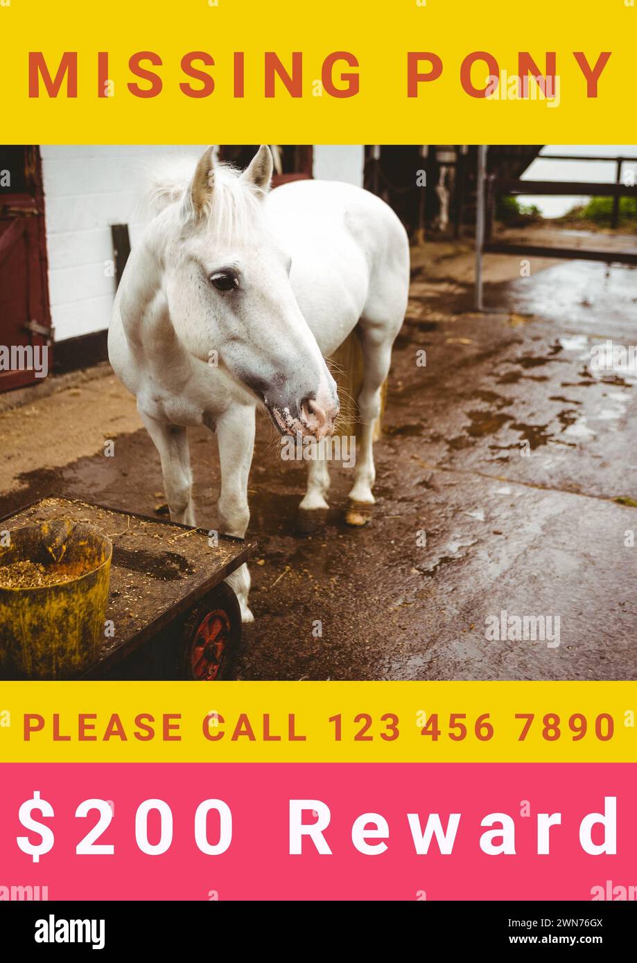 Composition of poster with missing pony text over horse on yellow ...