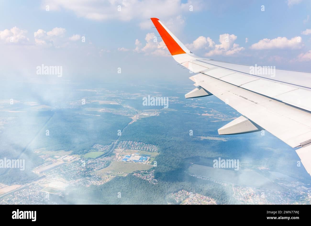 View from the airplane window during takeoff at Koltsovo airport on a ...