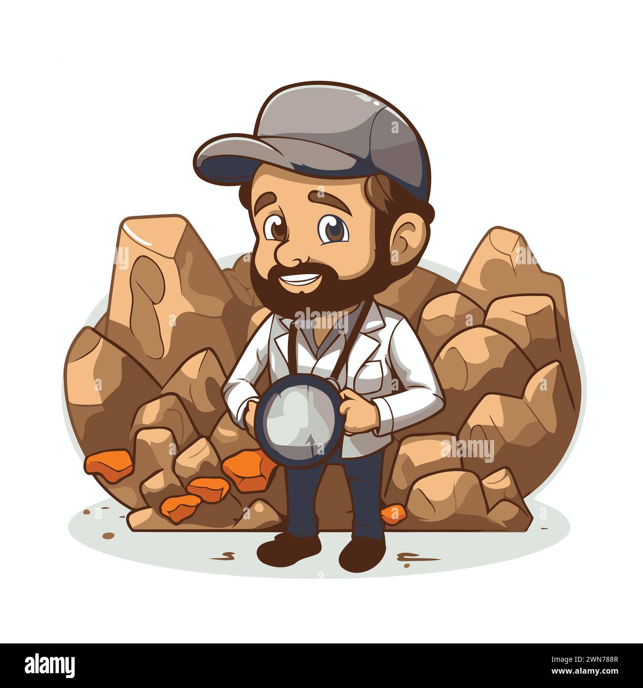 Cartoon miner with a magnifying glass on a stone background Stock ...