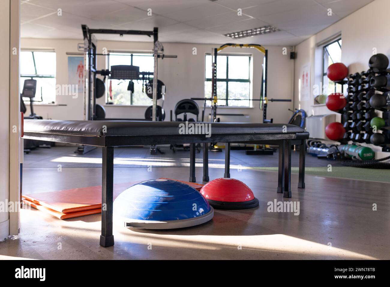 A well-equipped gym with various exercise tools bathed in natural light ...