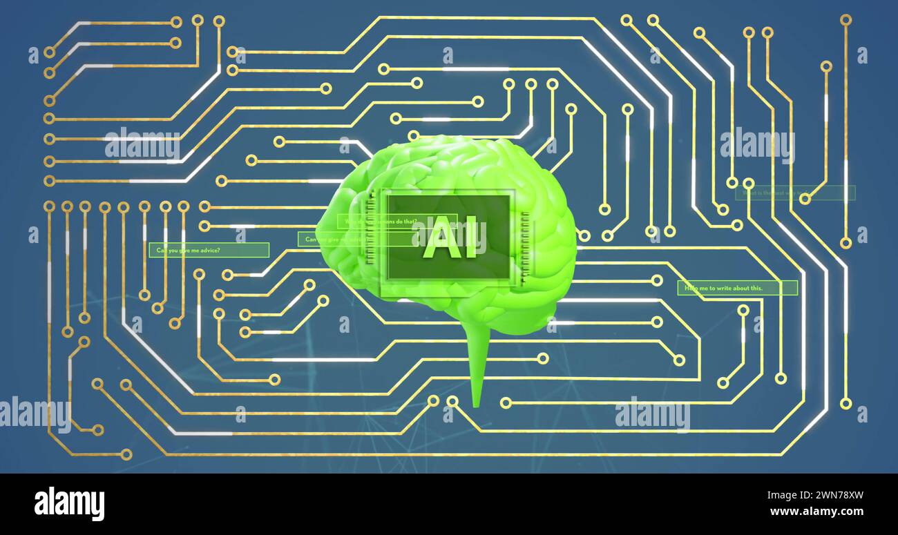 Image of ai text, human brain and circuit board with data processing Stock Photo - Alamy