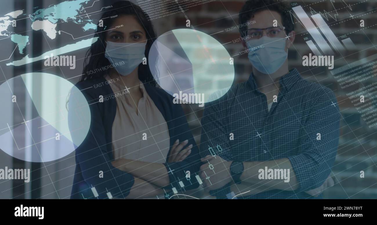 Image of financial data processing over people wearing face mask Stock ...