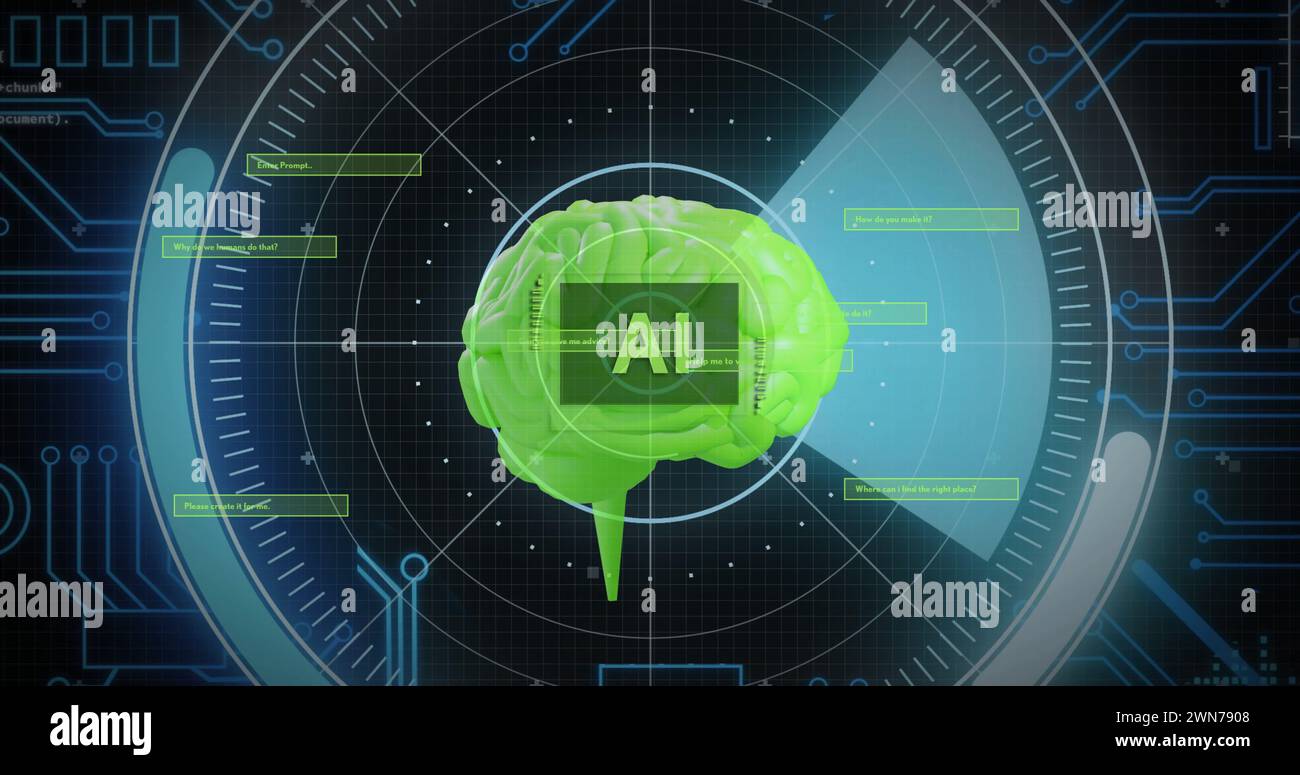 Image of ai text, human brain and data processing over scope scanning ...