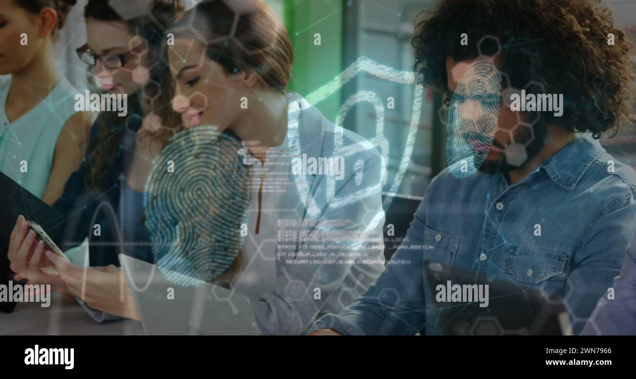 Image of digital shield with padlock over happy diverse female and male ...