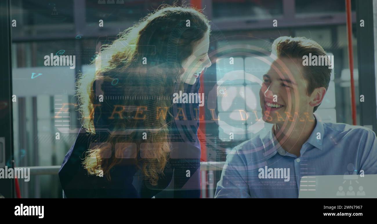 Image of data processing on digital screen over happy caucasian female ...