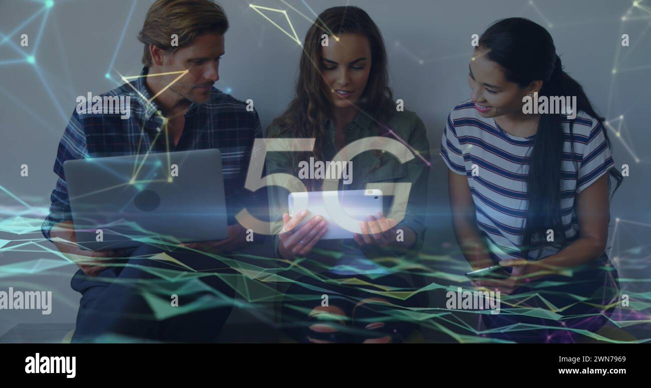Image of 5g and network of connections over diverse female and male ...