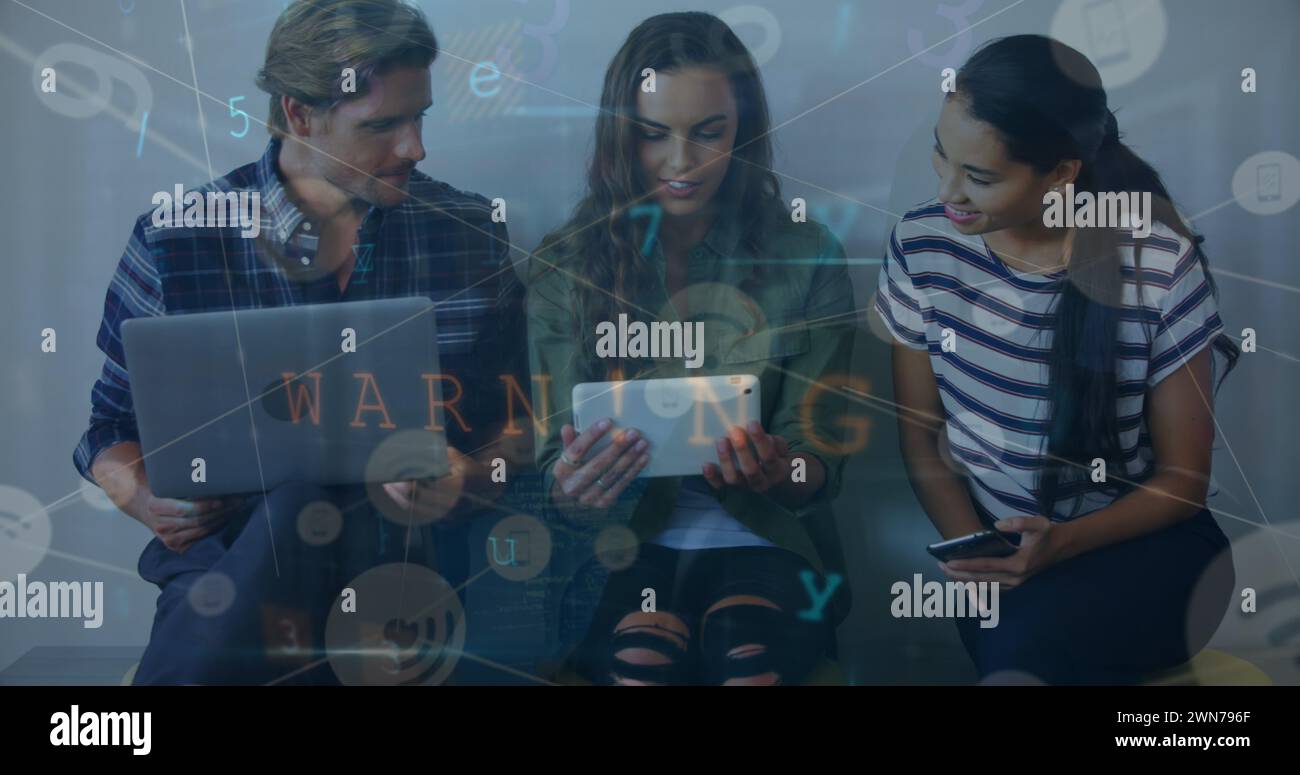 Image of connections over happy diverse students using electronic ...