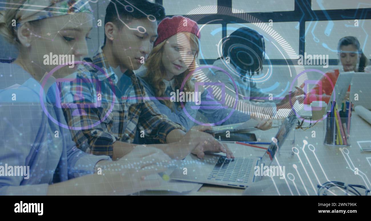 Image of data processing on digital screen over diverse female and male coworkers Stock Photo ...