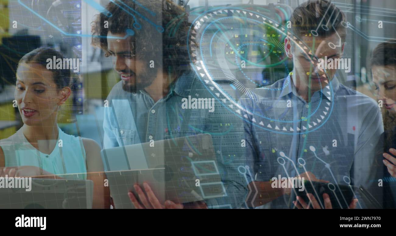 Image of data processing on digital screen over diverse female and male coworkers Stock Photo ...