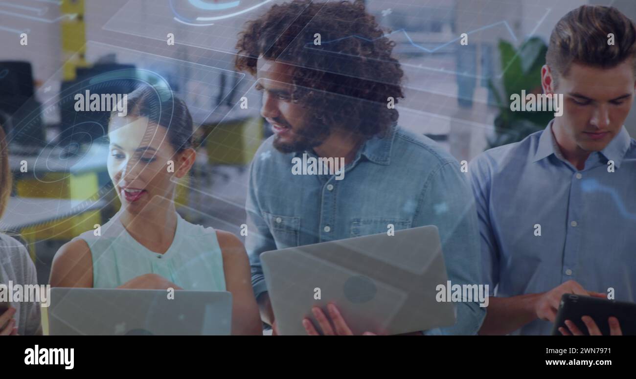 Image of data processing on digital screen over diverse female and male coworkers Stock Photo ...