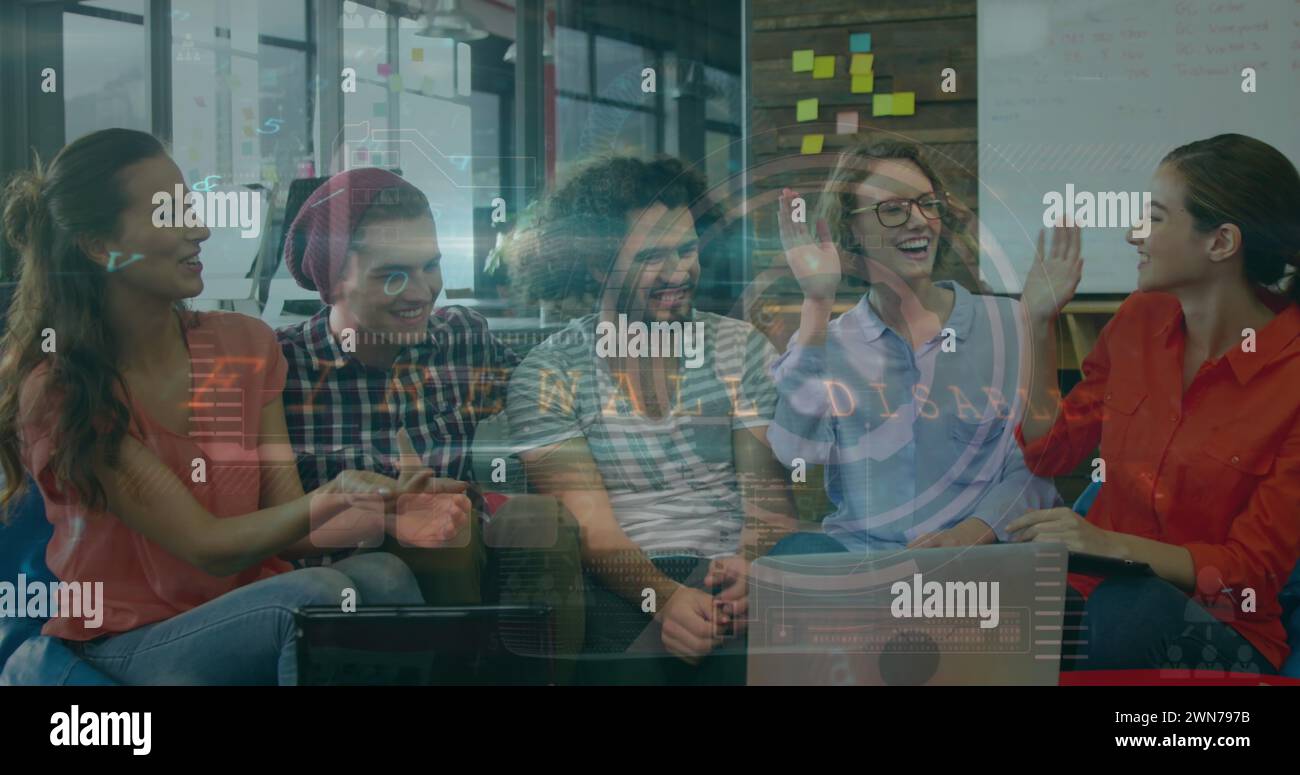 Image of data processing on digital screen over diverse female and male ...