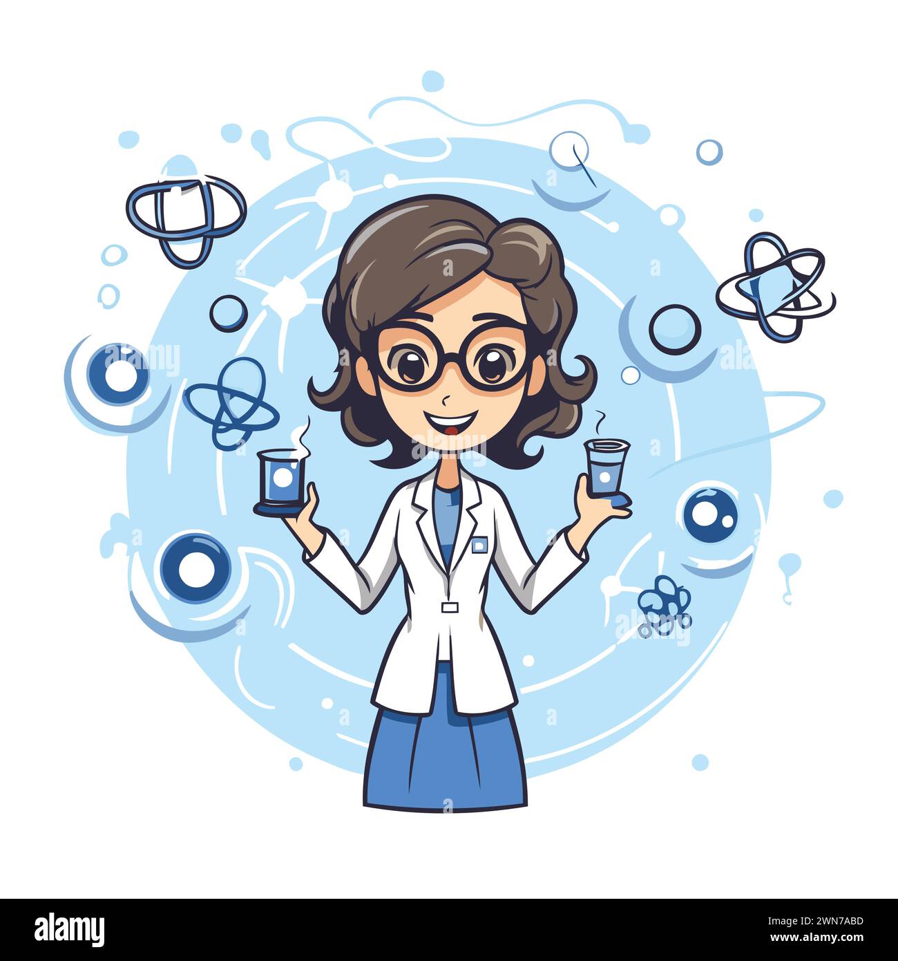 Scientist woman with chemical reaction. Vector science illustration in ...
