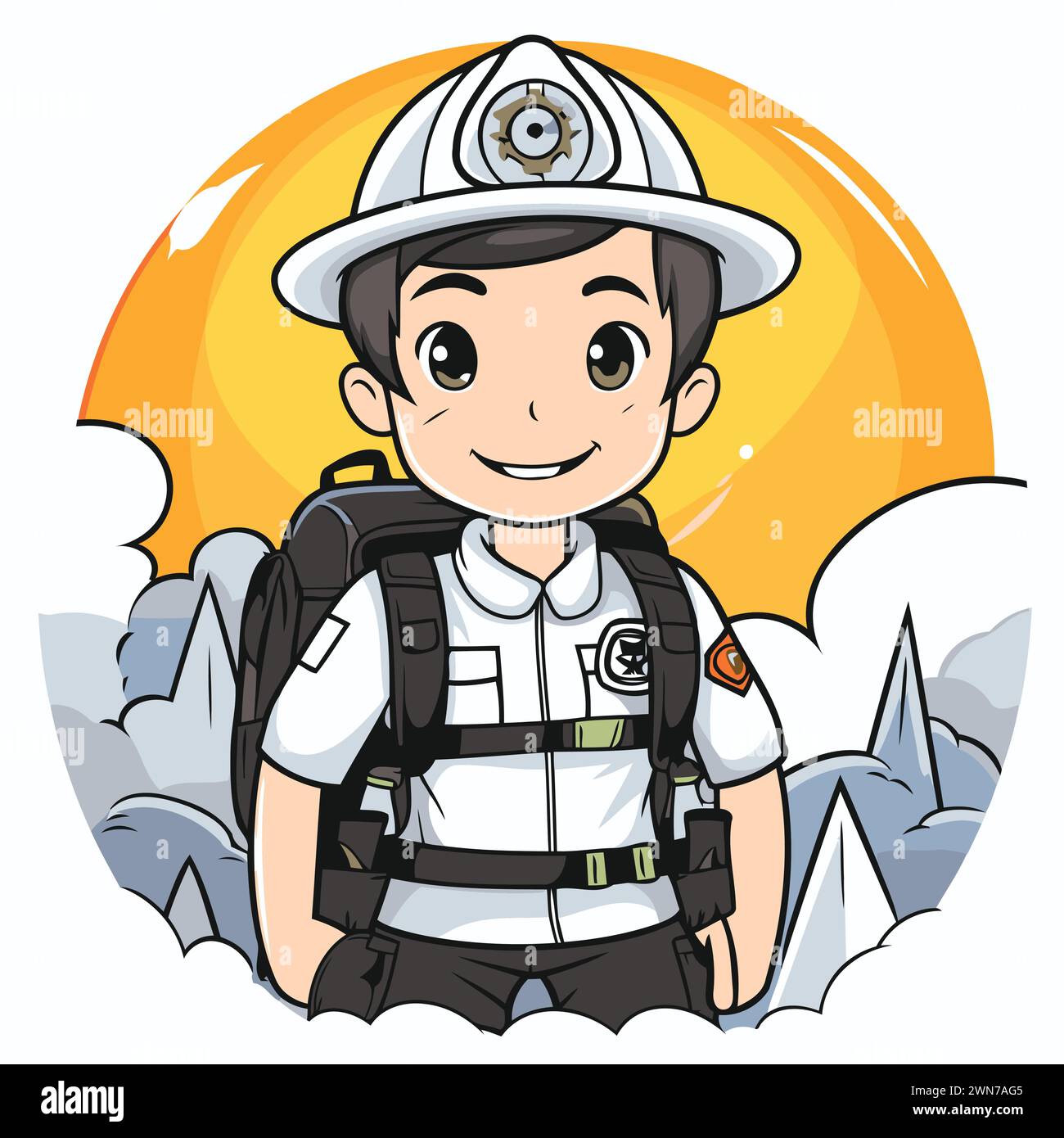 Cute cartoon firefighter on the background of the sun. Vector ...