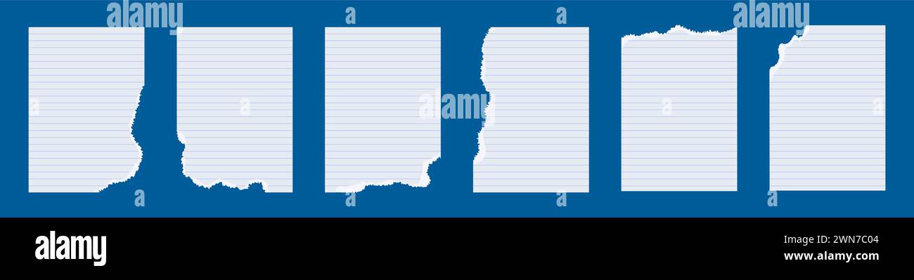 Set of torn paper snippets on blue background. A lined crumple notebook ...