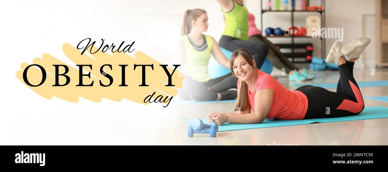 Body positive women training in gym. Banner for World Obesity Day Stock ...