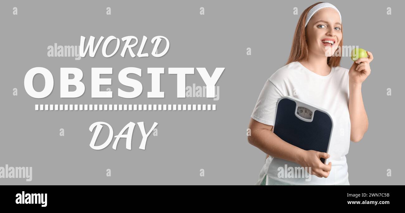 Overweight woman with scales and apple on grey background. Banner for ...