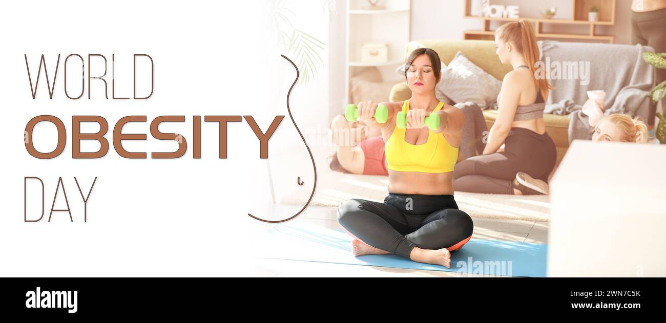Body positive women training at home. Banner for World Obesity Day ...