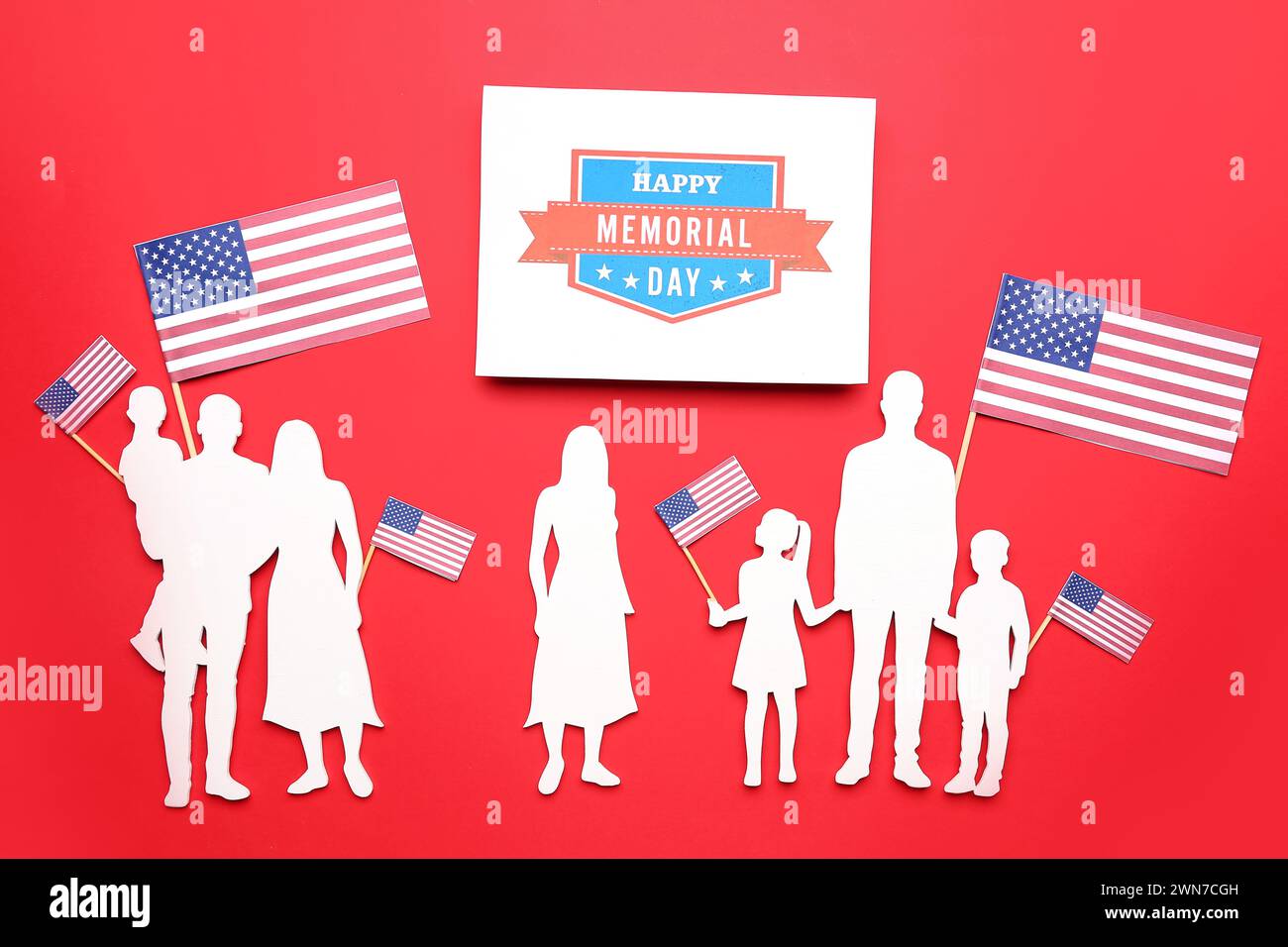 Greeting card with text HAPPY MEMORIAL DAY, family figures and USA ...