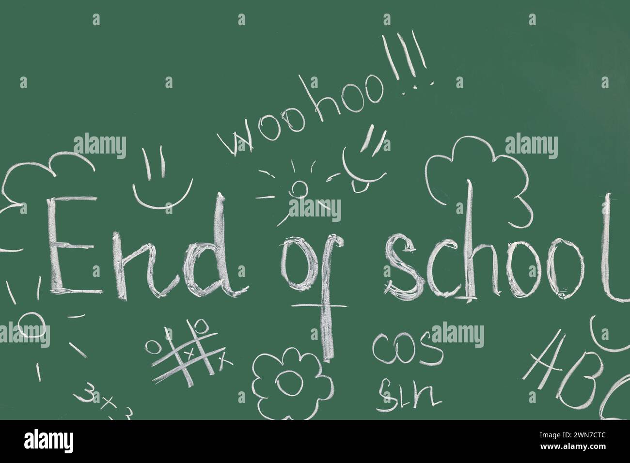 Text END OF SCHOOL with drawings on blackboard Stock Photo - Alamy
