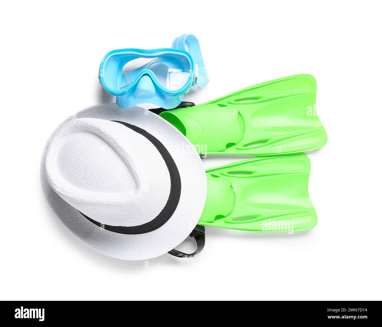 Stylish beach hat, swimming mask and flippers on white background Stock ...