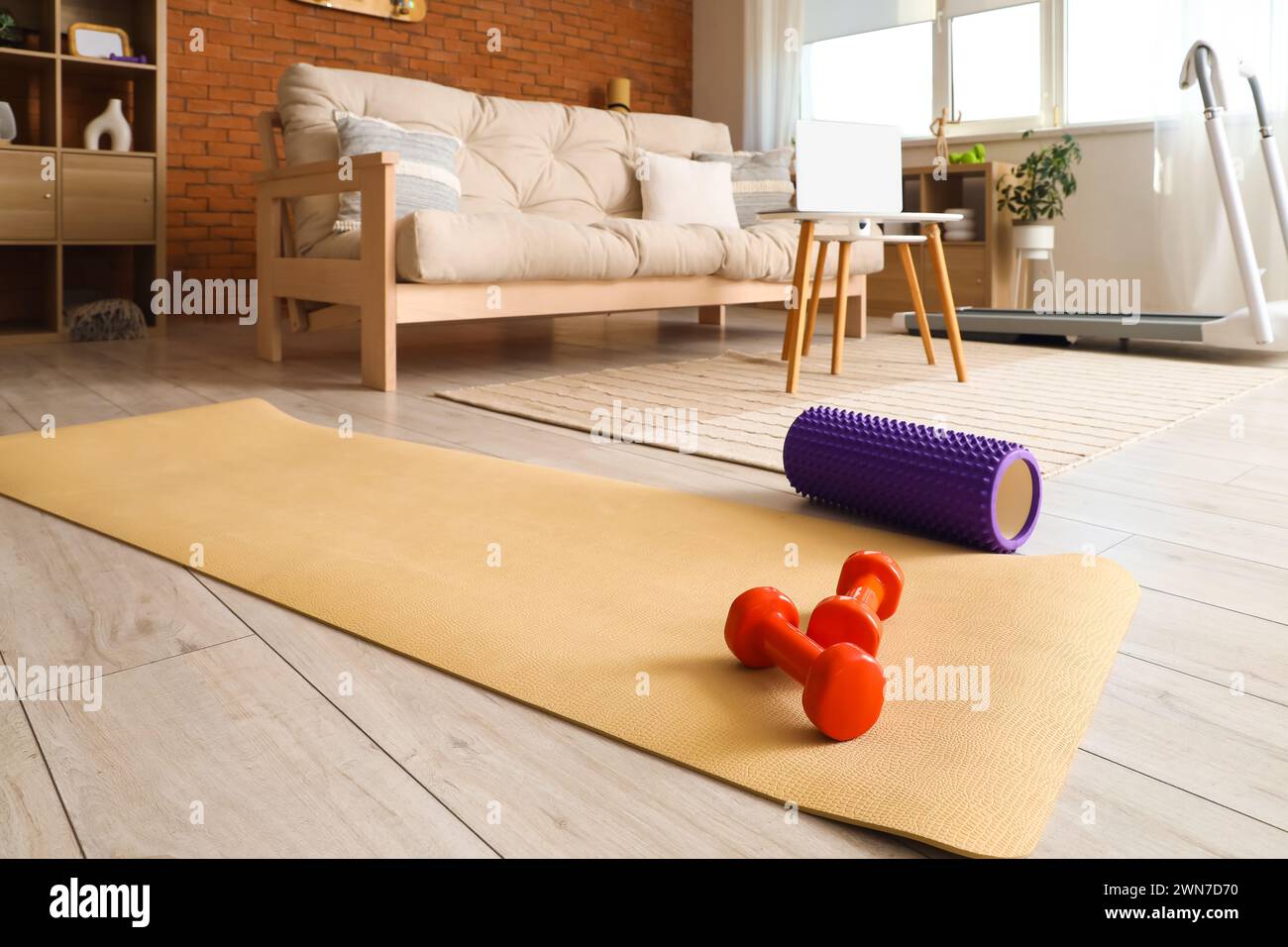 Fitness mat with dumbbells and foam roller in living room interior ...