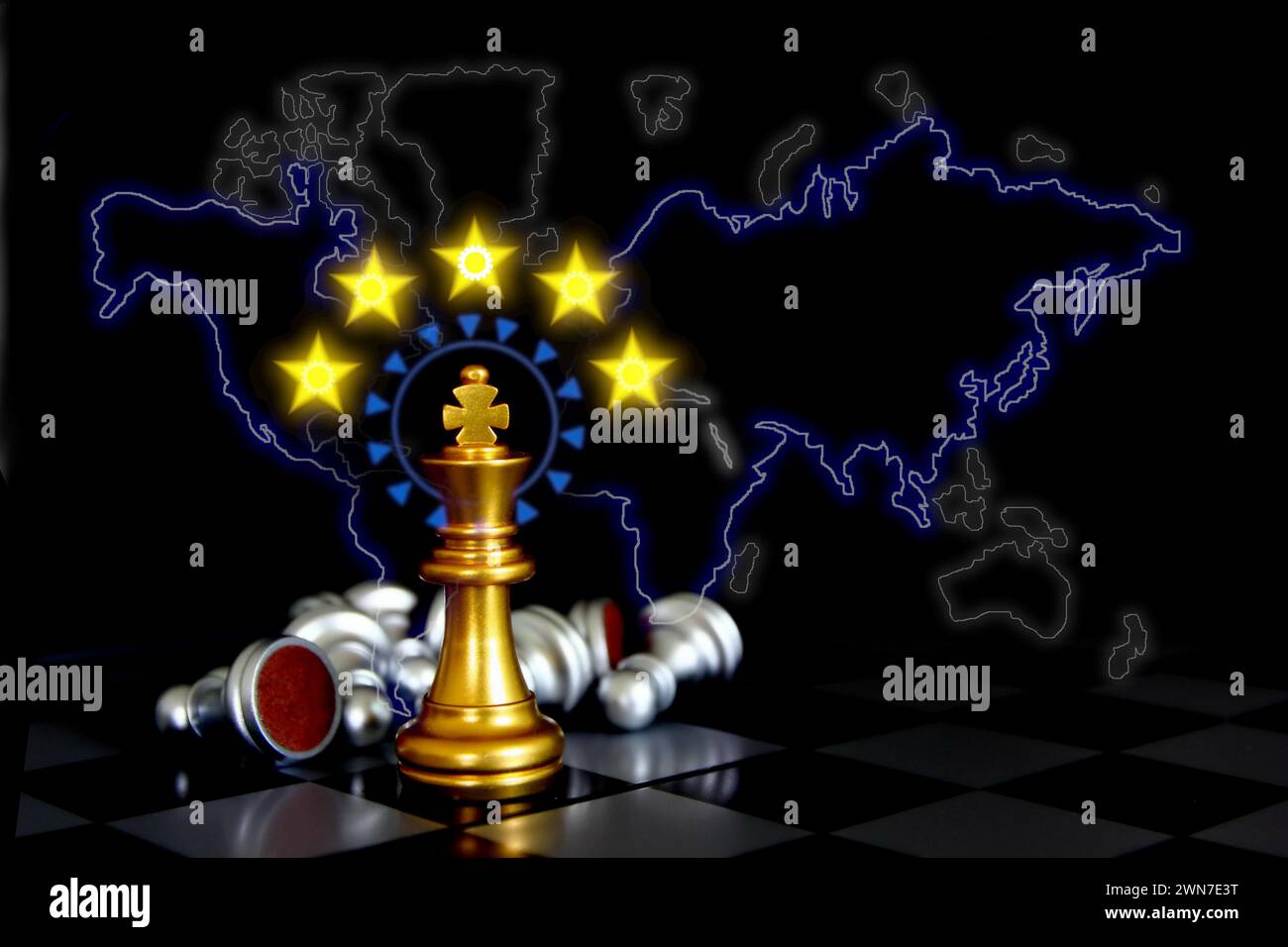 golden king chess with chess pices lying on board with illustration ...