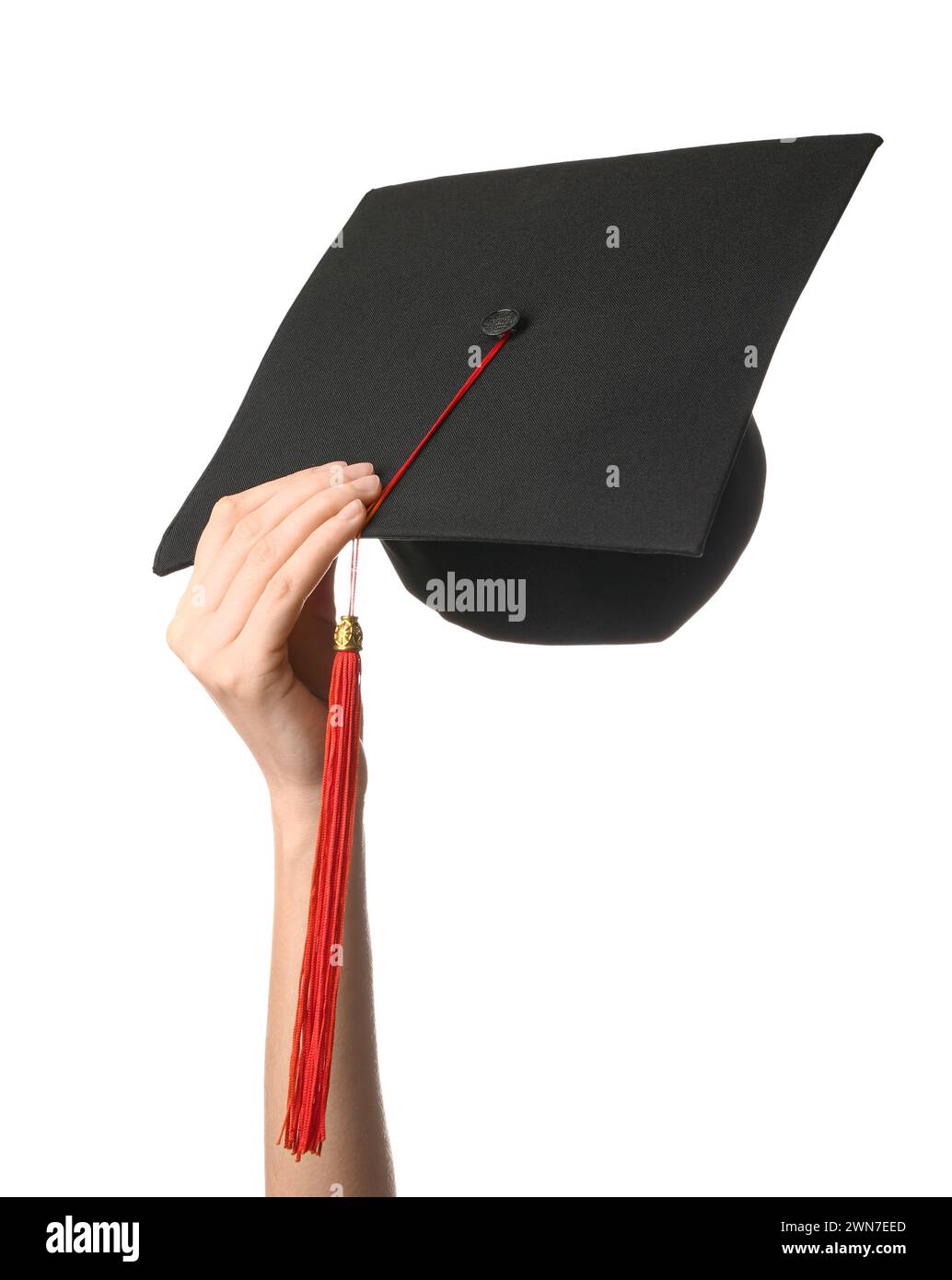 Female hand with graduation hat on white background Stock Photo - Alamy