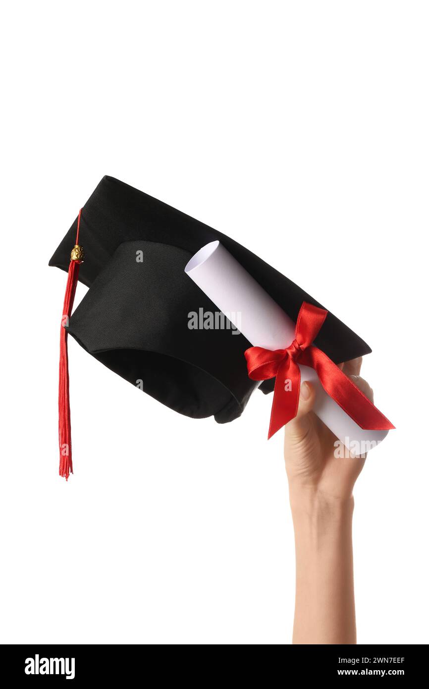 Female hand with graduation hat and diploma on white background Stock ...