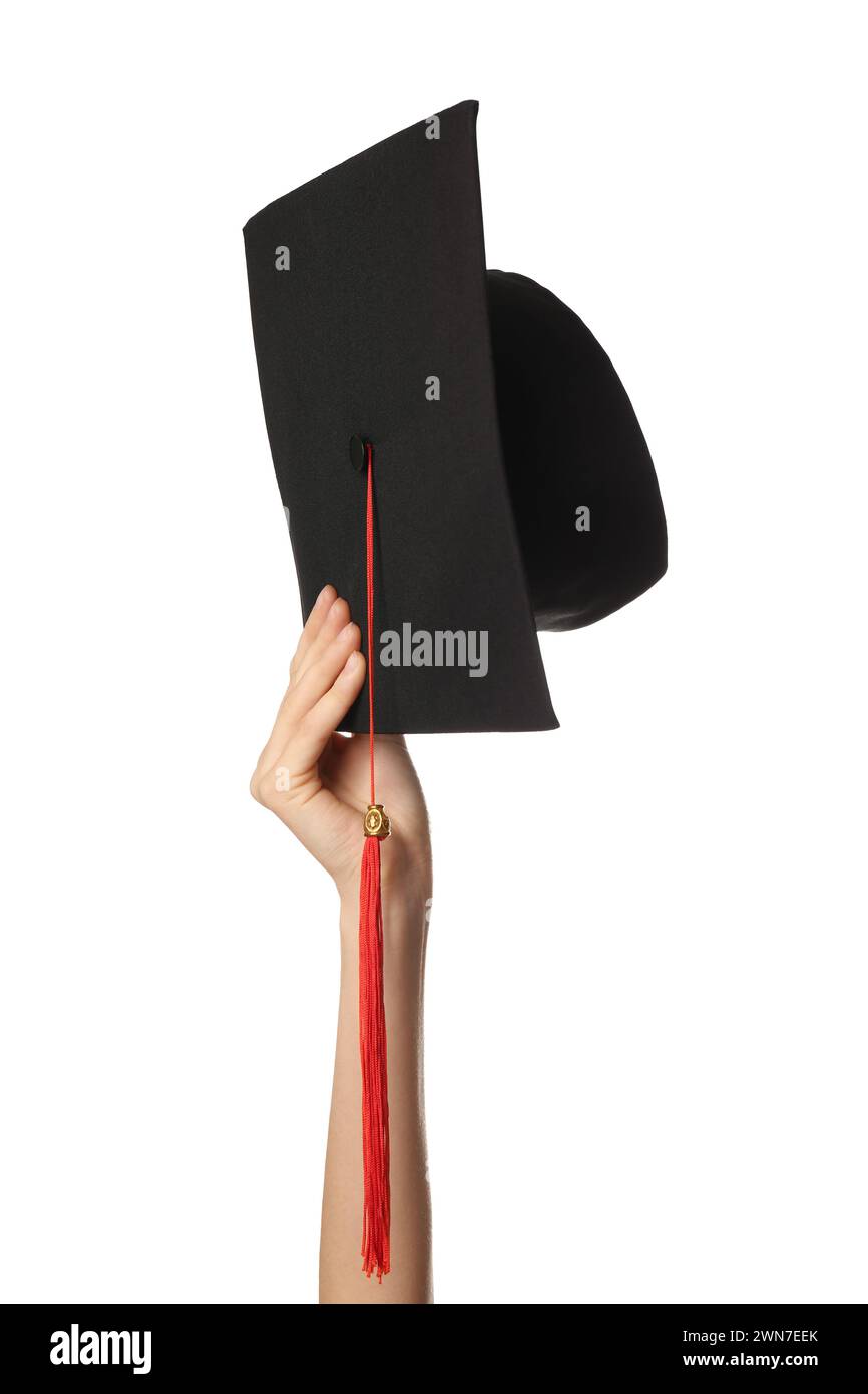 Female hand with graduation hat on white background Stock Photo - Alamy