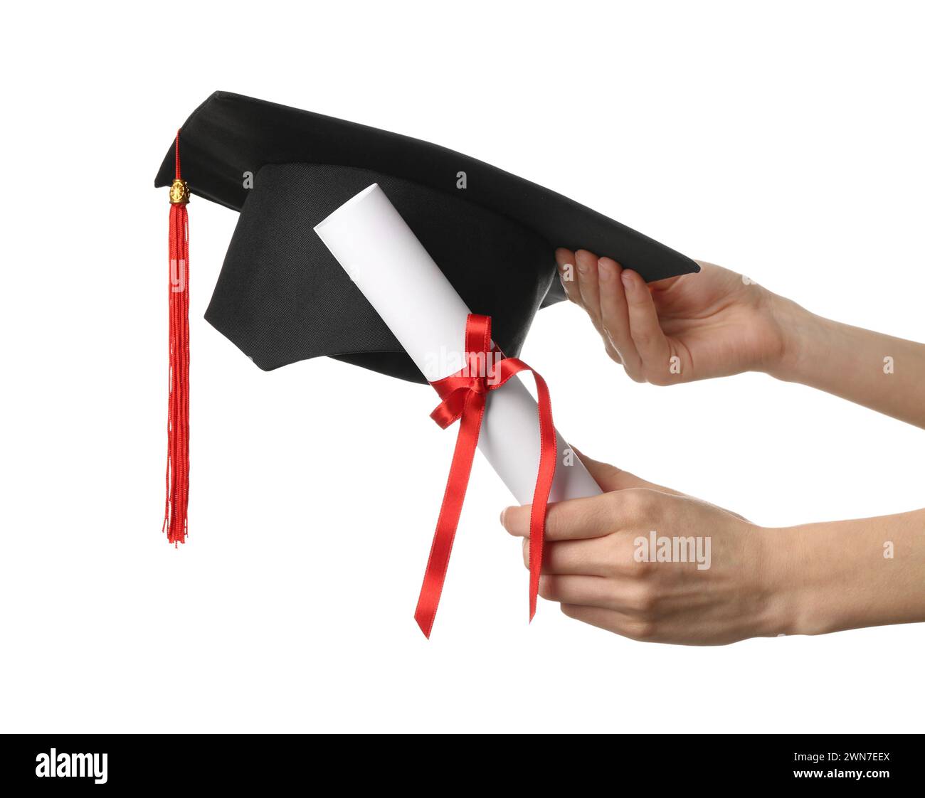 Female hands with graduation hat and diploma on white background Stock ...