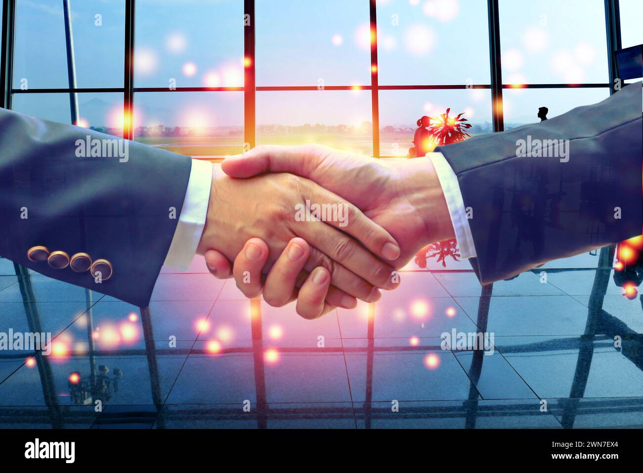 business man hand shake with airport terminal abstract background Stock ...