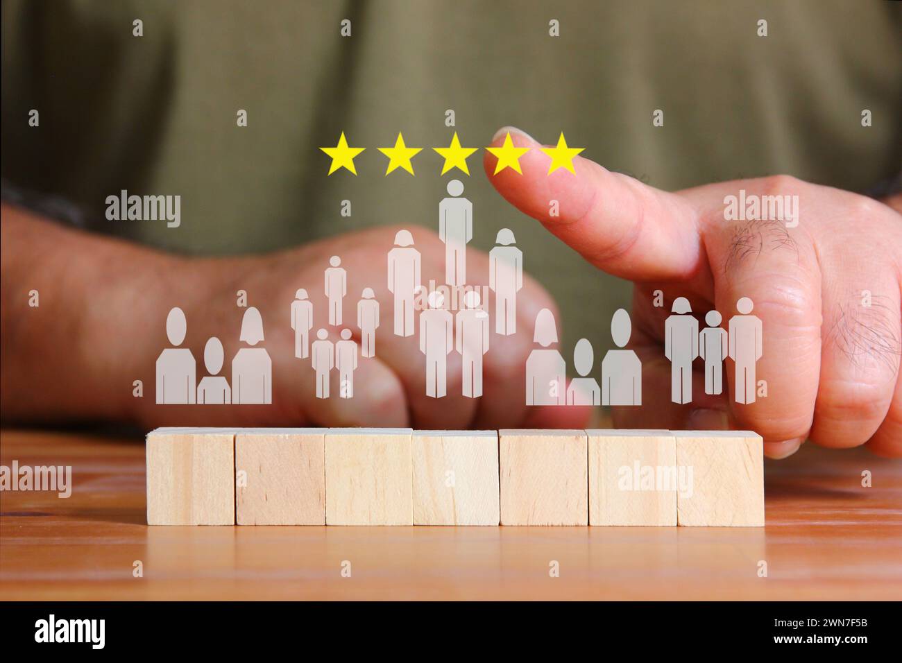 man used index finger touching yellow stars above illustration people ...