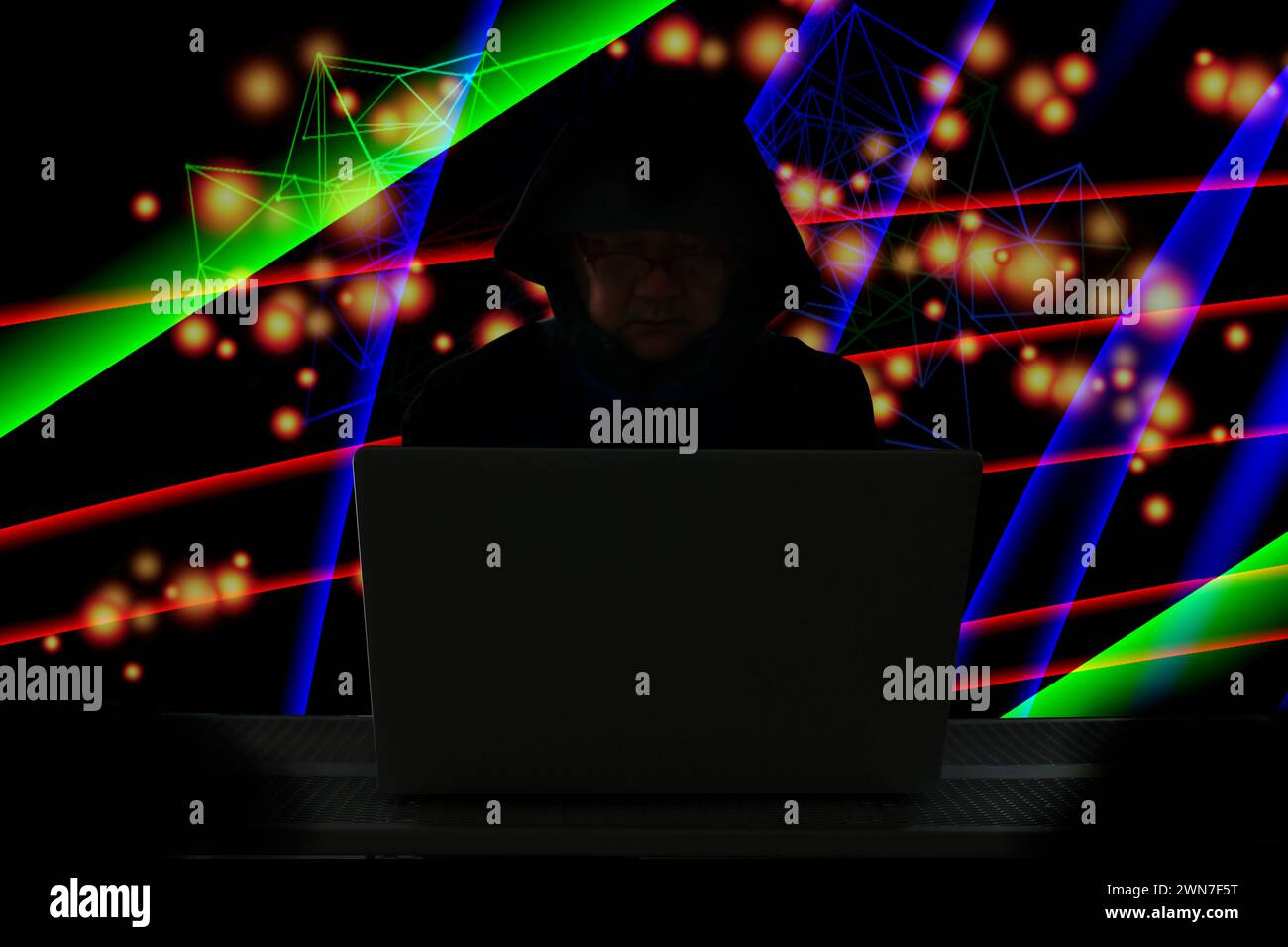 the hacker using laptop online hack secret information world wild Stock ...